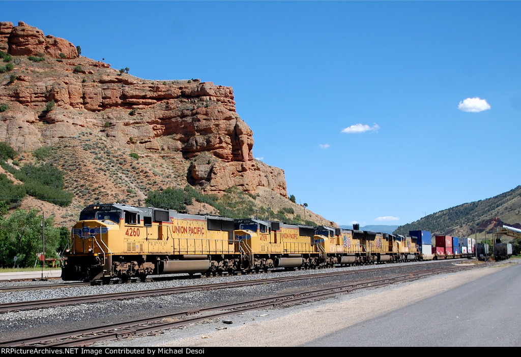 UP SD-70M #4260 leads a total of 5 SD-70M's, hauling a westbound stack train at Echo, UT. 8/16/2014
